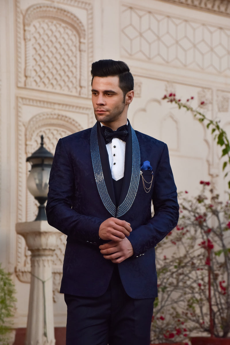Buy Navy Cutdana Embroidered Tuxedo Wedding Suit for Men | Men Wedding Suits Online | Lagan Wedding