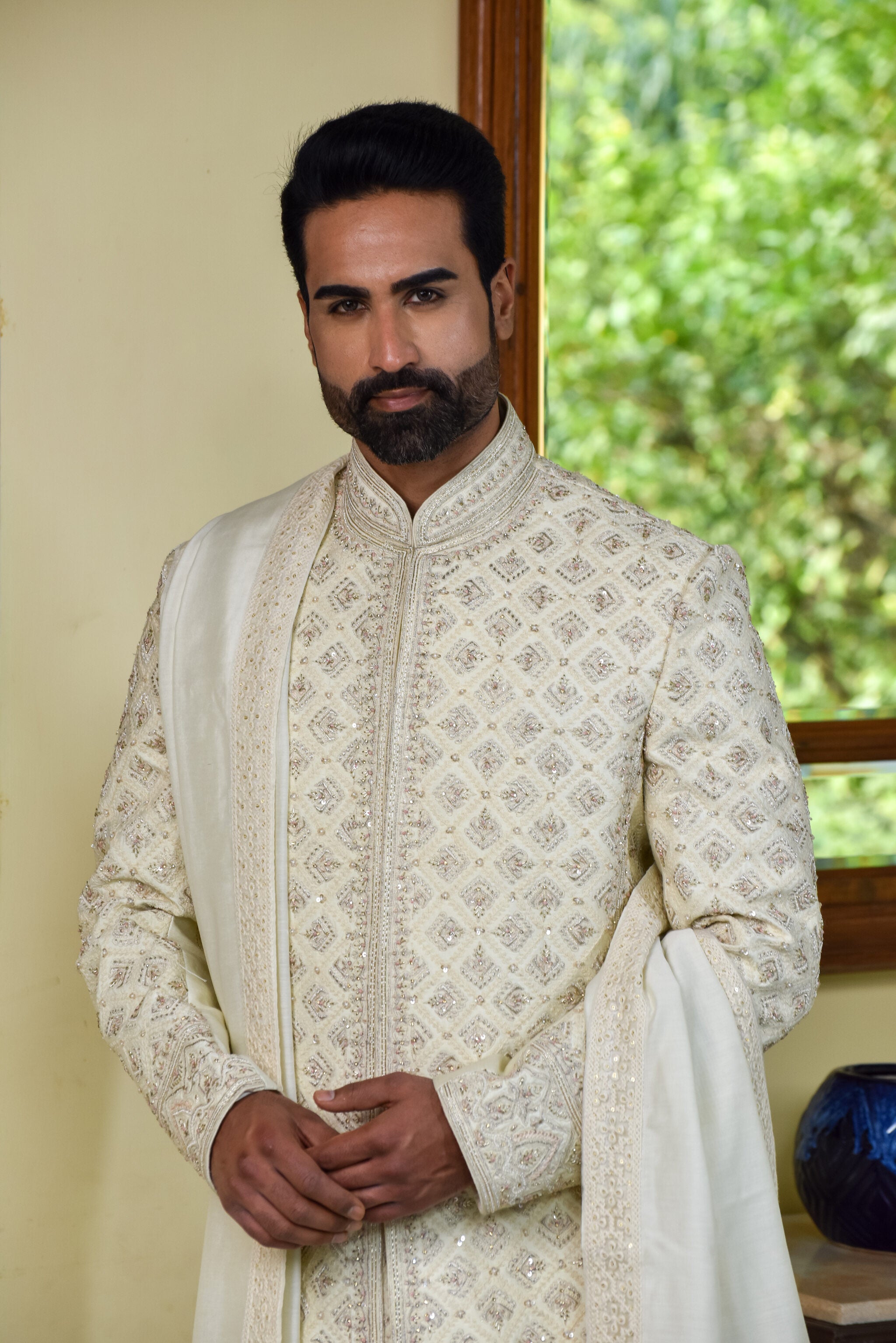 Buy Trendy Ivory Zardosi Embroidered Silk Sherwani for Men Online-Lagan ...